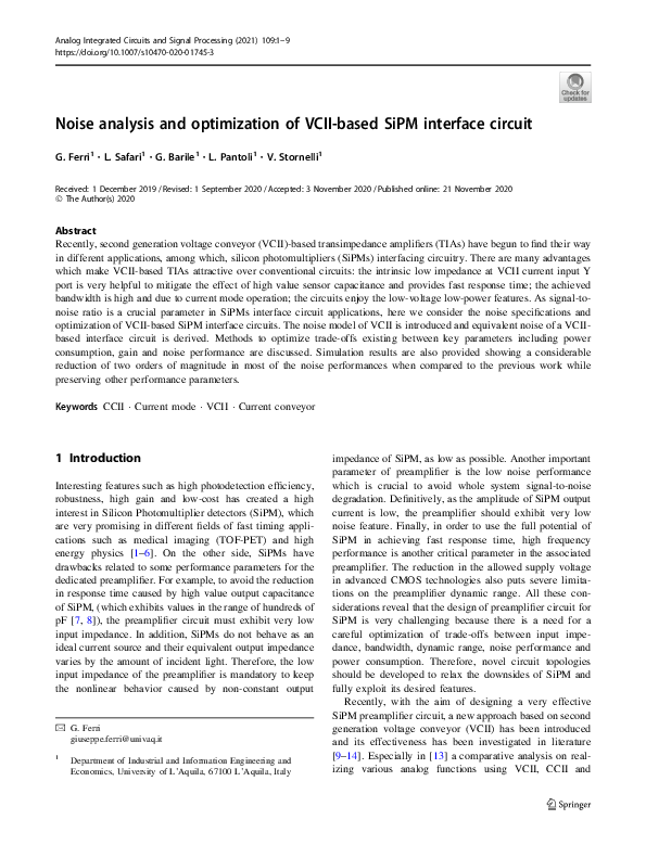 (PDF) Noise analysis and optimization of VCII-based SiPM interface circuit
