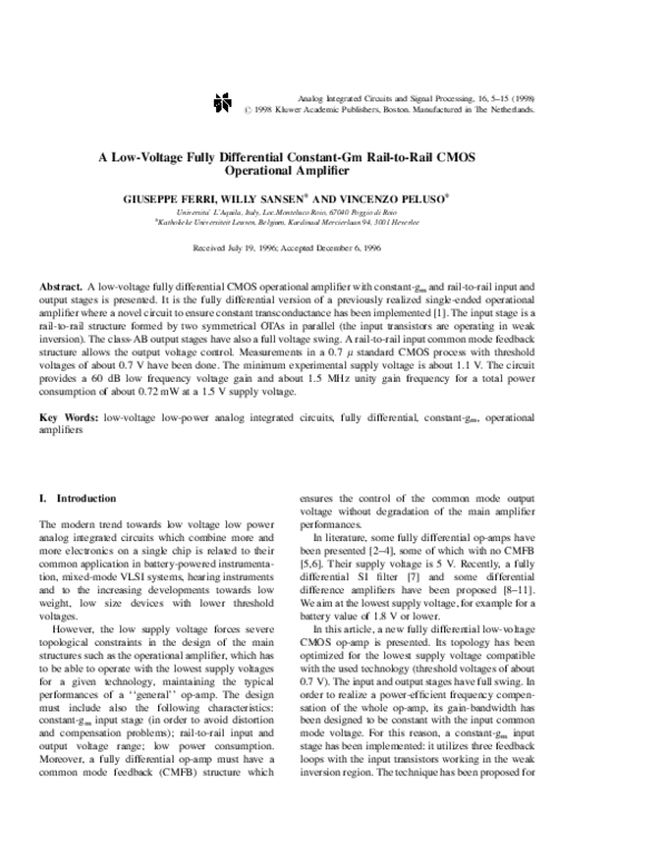 (PDF) A Low-Voltage Fully Differential Constant-Gm Rail-to-Rail CMOS ...