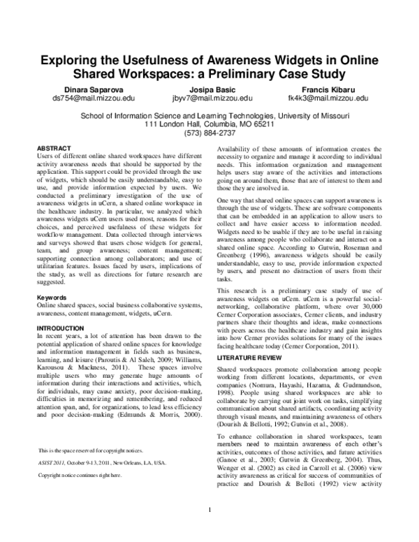 (PDF) Exploring the usefulness of awareness widgets in online shared workspaces: A preliminary ...