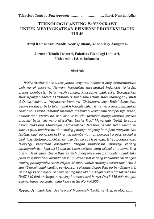 (PDF) Teknologi Canting Pantograph Untuk Meningkatkan Efisiensi Produksi Batik Tulis