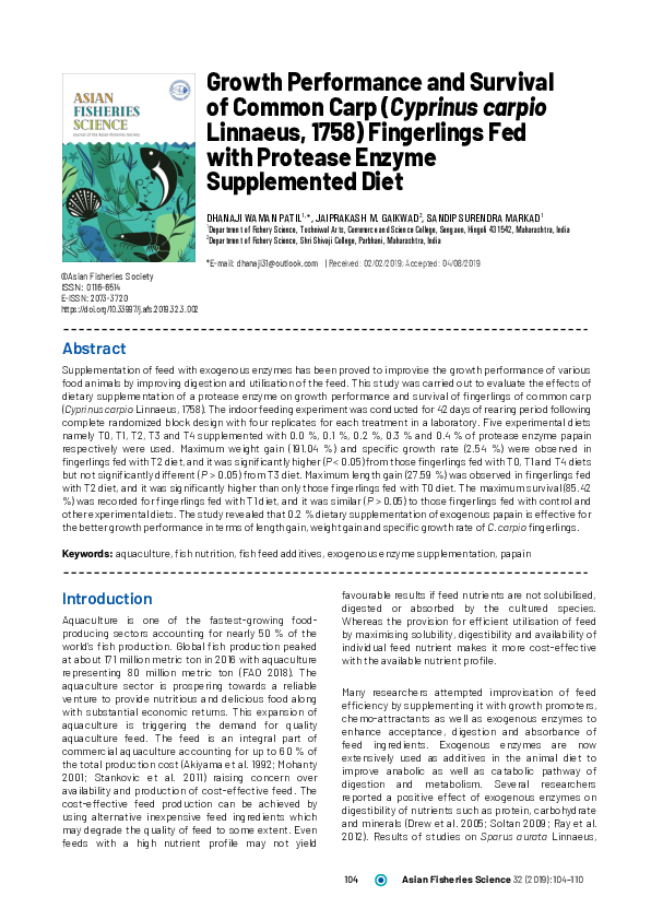 (PDF) Growth Performance and Survival of Common Carp (Cyprinus carpio ...