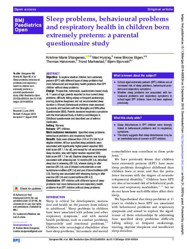 (PDF) Sleep problems, behavioural problems and respiratory health in children born extremely ...