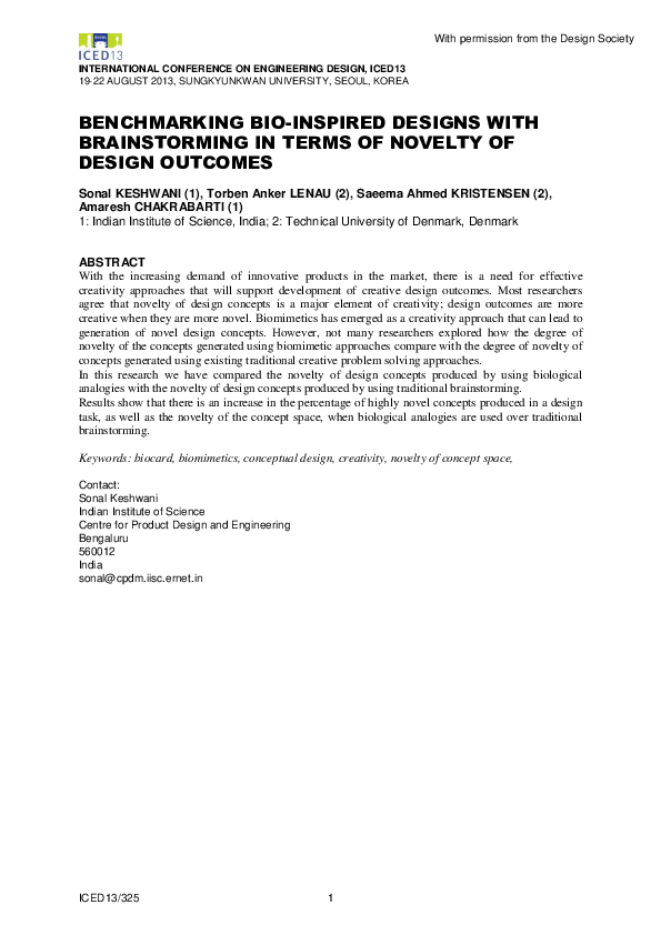 (PDF) Benchmarking bio-inspired designs with brainstorming in terms of ...