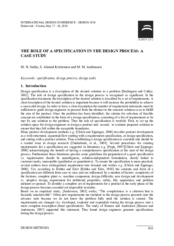 (PDF) The Role of a Specification in the Design Process: A Case Study | Saeema Ahmed-Kristensen ...