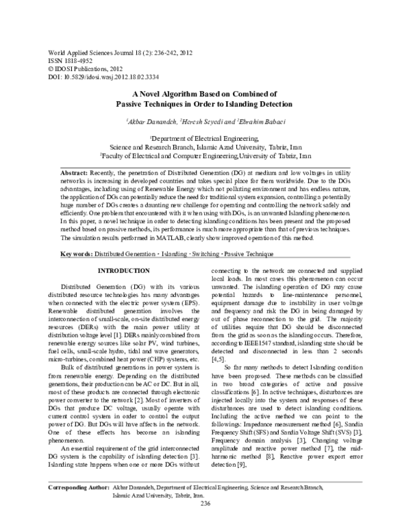 Pdf Islanding Detection Using Combined Algorithm Based On Rate Of