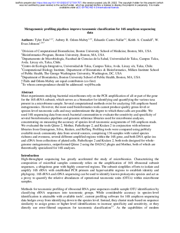 (PDF) Metagenomic profiling pipelines improve taxonomic classification for 16S amplicon ...
