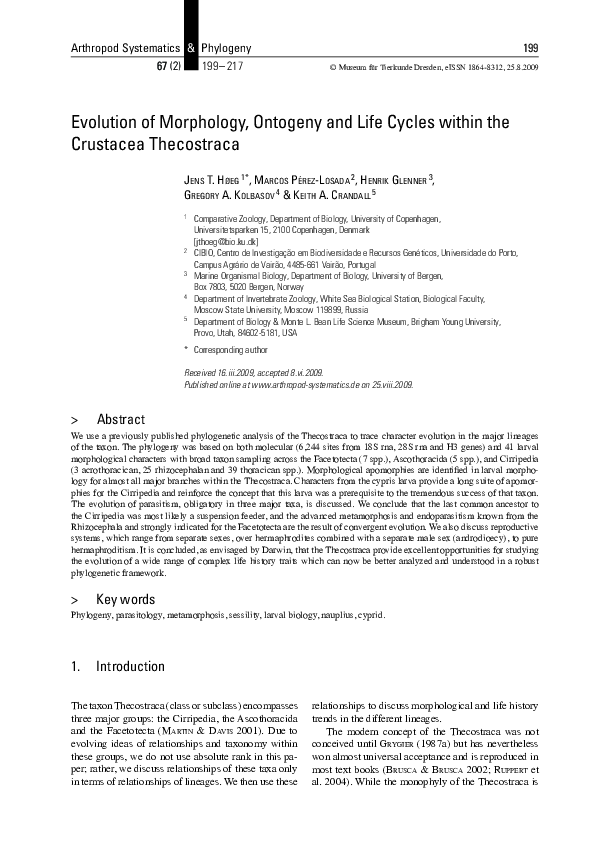 (PDF) Evolution of morphology, ontogeny and life cycles within the ...