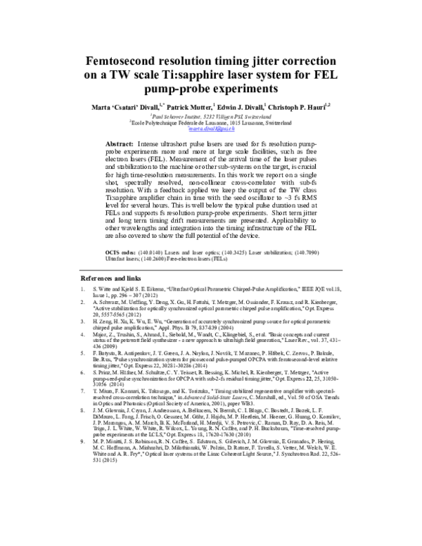 Pdf Femtosecond Resolution Timing Jitter Correction On A Tw Scale Ti Sapphire Laser System For