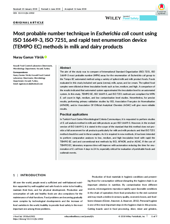 (PDF) Most probable number technique in Escherichia coli count using ...