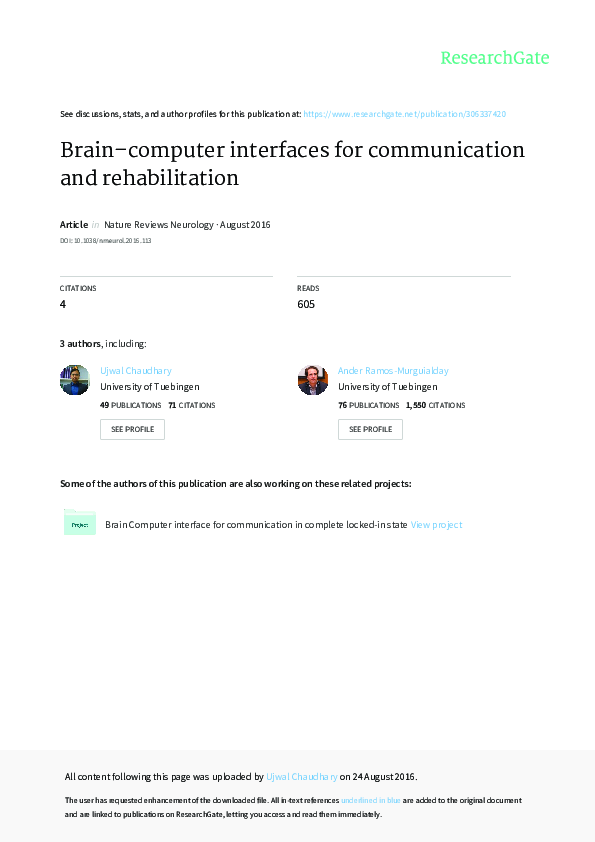 (PDF) Brain–computer interfaces for communication and rehabilitation