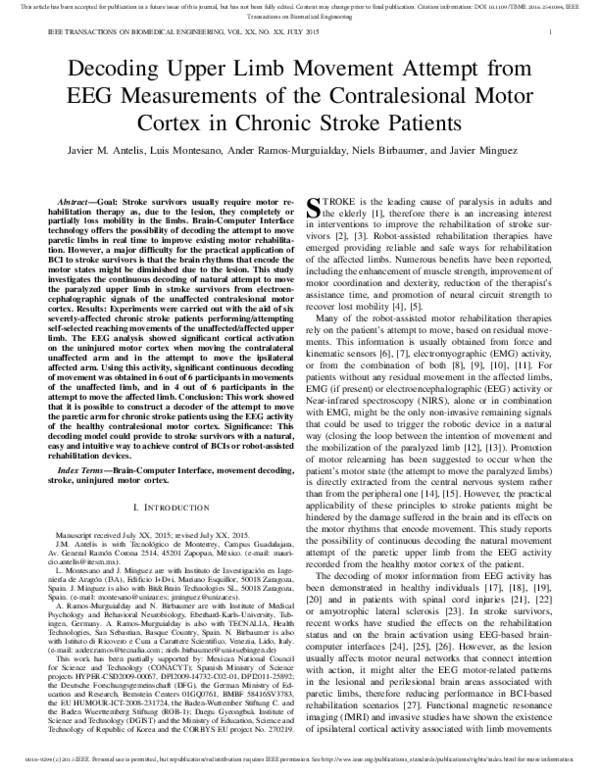 (PDF) Decoding Upper Limb Movement Attempt From EEG Measurements of the Contralesional Motor ...