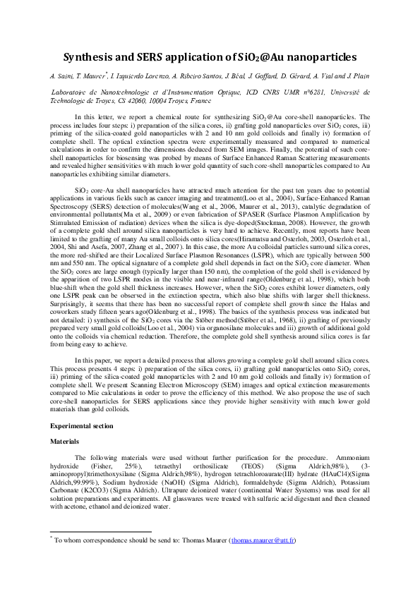 Pdf Synthesis And Sers Application Of Sio2 Au Nanoparticles