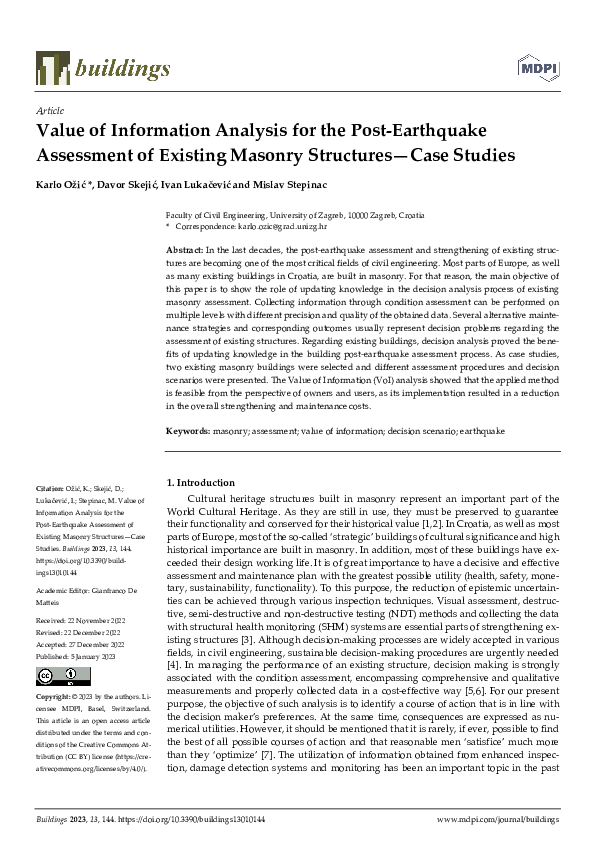 (PDF) Value of Information Analysis for the Post-Earthquake Assessment of Existing Masonry ...