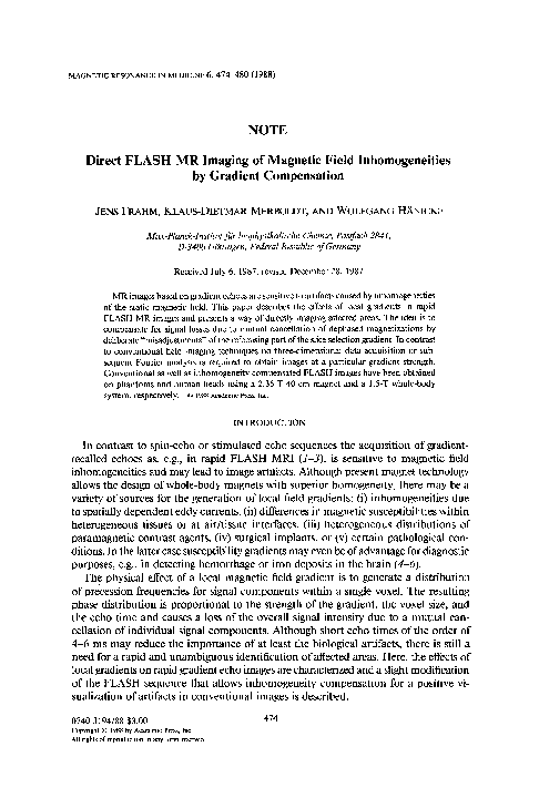 (PDF) Direct FLASH MR imaging of magnetic field inhomogeneities by ...
