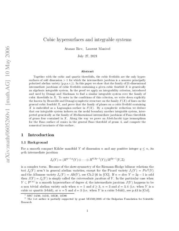 (PDF) Cubic hypersurfaces and integrable systems