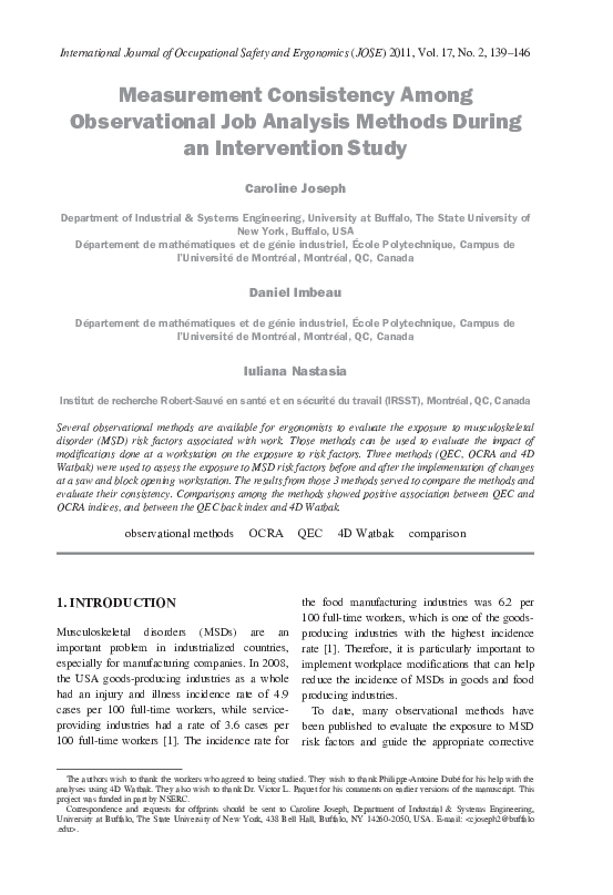 (PDF) Measurement consistency among observational job analysis methods during an intervention study