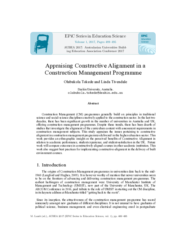 (PDF) Appraising Constructive Alignment in a Construction Management Programme