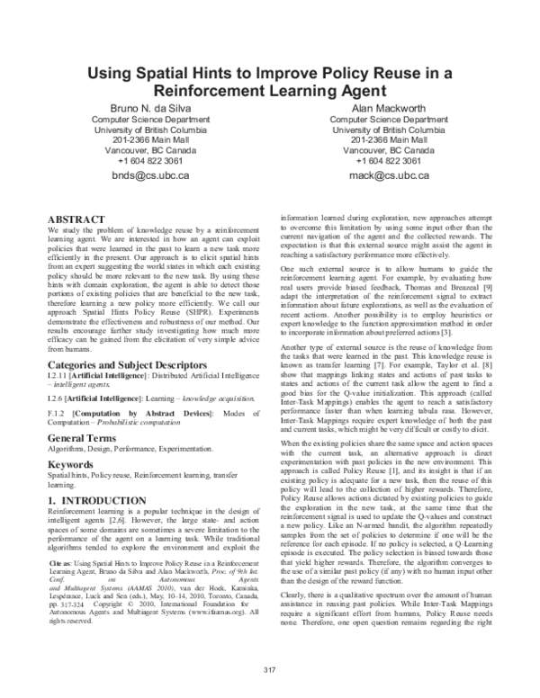(PDF) Using spatial hints to improve policy reuse in a reinforcement ...