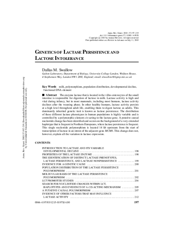 (PDF) Genetics of Lactase Persistence and Lactose Intolerance