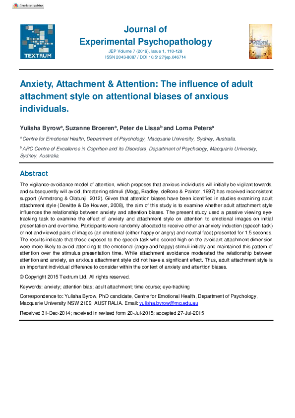 (PDF) Anxiety, Attachment & Attention: The Influence of Adult ...