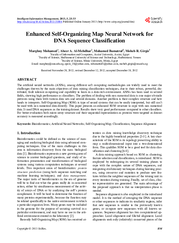 Pdf Enhanced Self Organizing Map Neural Network For Dna Sequence Classification