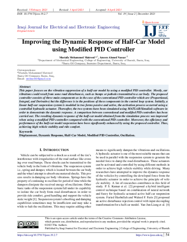 (PDF) Improving the Dynamic Response of Half-Car Model Using Modified PID Controller