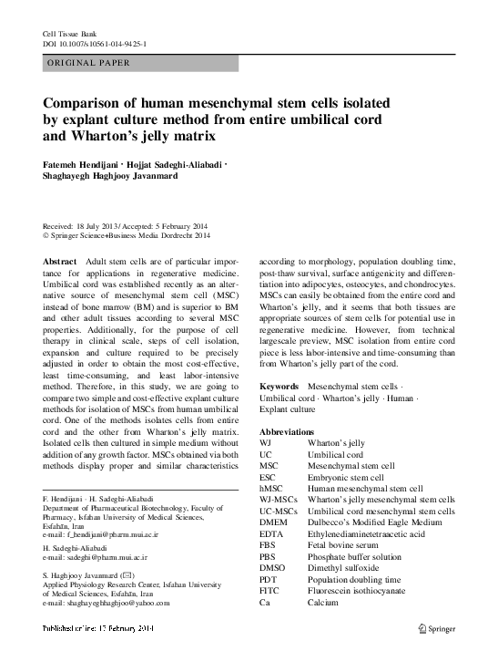 (PDF) Comparison of human mesenchymal stem cells isolated by explant culture method from entire ...