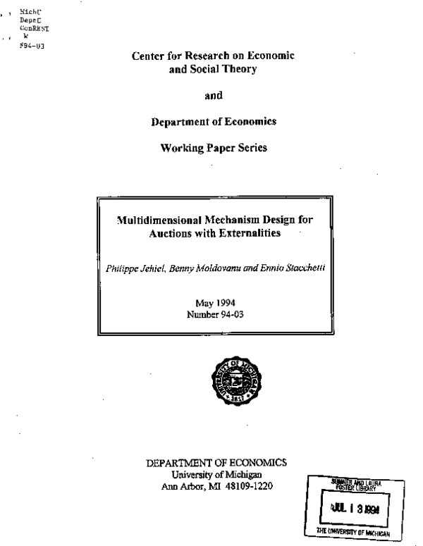 (PDF) Working Paper Series Multidimensional Mechanism Design for Auctions with Externalities