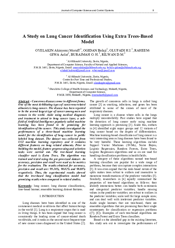 (PDF) Lung Cancer Detection Using Extra Trees Machine Learning Model