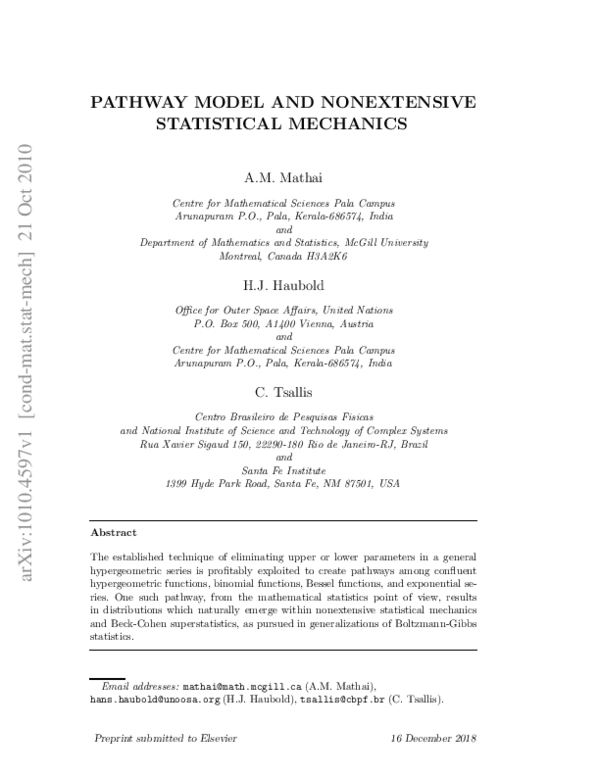 (PDF) Pathway Model and Nonextensive Statistical Mechanics