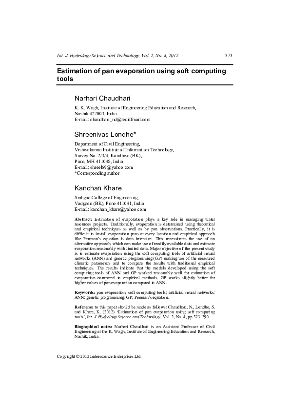 Pdf Estimation Of Pan Evaporation Using Soft Computing Tools
