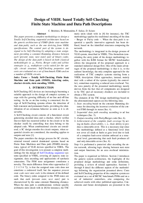 (PDF) Design of VHDL-based totally self-checking finite-state machine and data-path descriptions