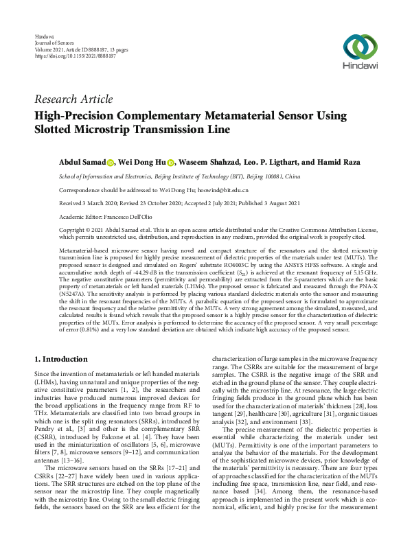 (PDF) High-Precision Complementary Metamaterial Sensor Using Slotted Microstrip Transmission Line
