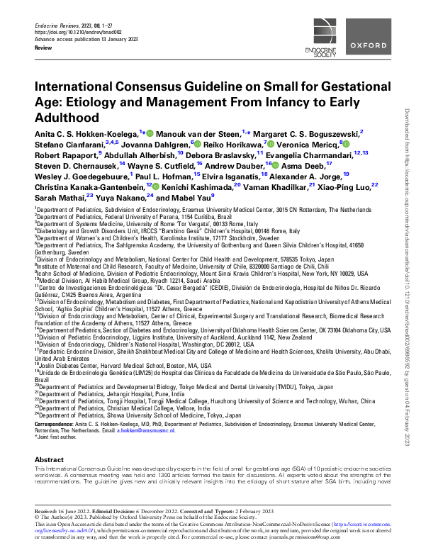 (PDF) International Consensus Guideline on Small for Gestational Age ...
