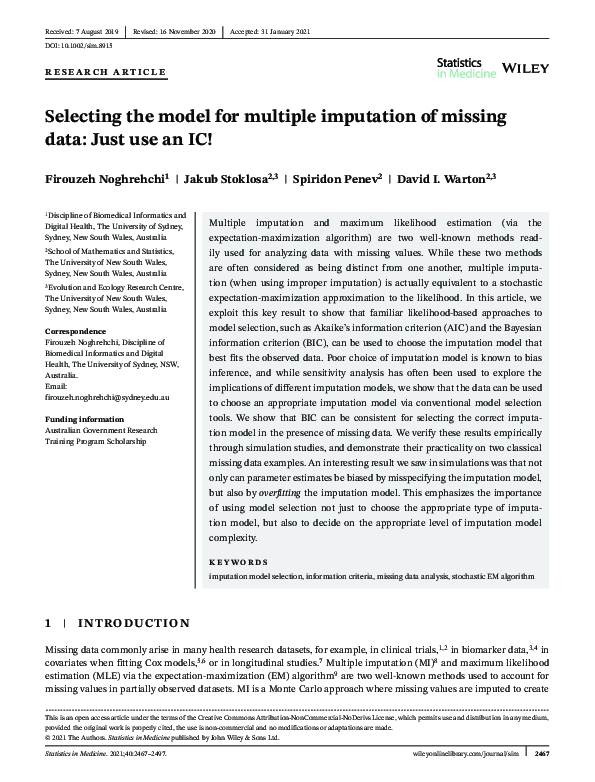 (PDF) Selecting the model for multiple imputation of missing data: Just use an IC!
