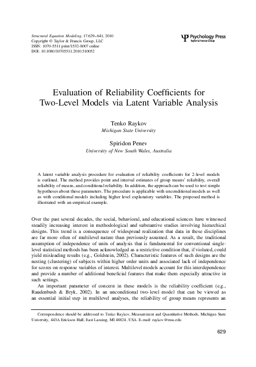 (PDF) Evaluation of Reliability Coefficients for Two-Level Models via Latent Variable Analysis