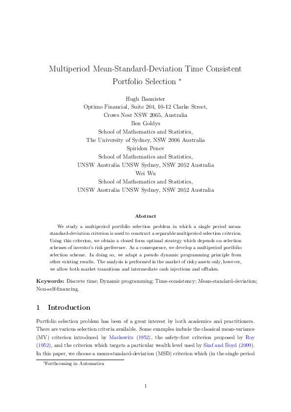 (PDF) Multiperiod mean-standard-deviation time consistent portfolio selection