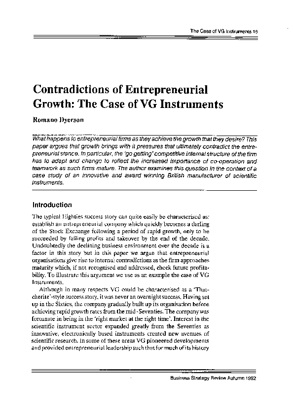 (PDF) Contradictions of Entrepreneurial Growth: The Case of VG Instruments