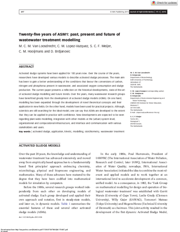 (PDF) Twenty-five years of ASM1: past, present and future of wastewater treatment modelling