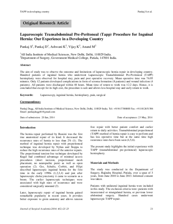 (PDF) Laparoscopic Transabdominal Pre-Peritoneal (Tapp) Procedure for Inguinal Hernia: Our ...