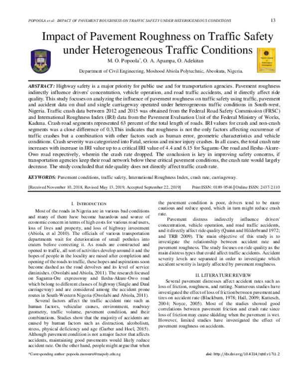 (PDF) Impact of Pavement Roughness on Traffic Safety under Heterogeneous Traffic Conditions