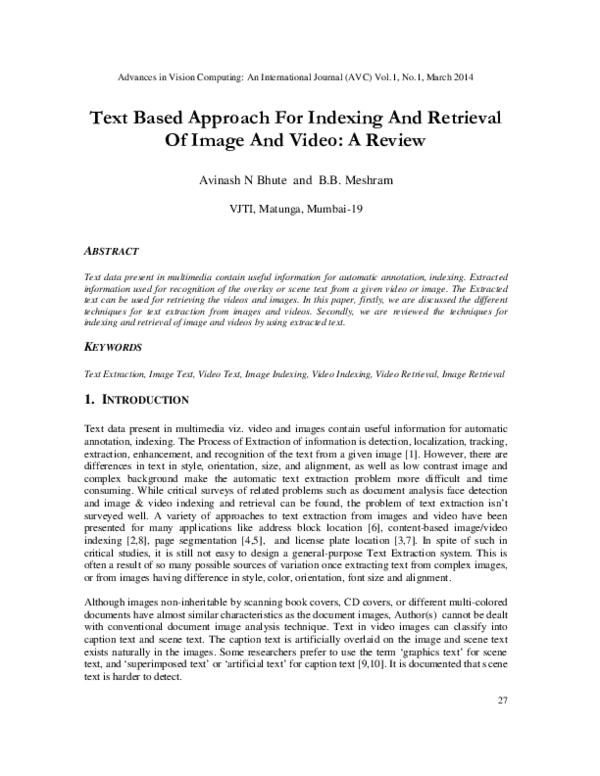 (PDF) Text Based Approach For Indexing And Retrieval Of Image And Video: A Review