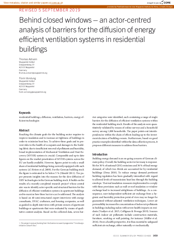 (PDF) Behind closed windows : an actor-centred analysis of barriers for the diffusion of energy ...