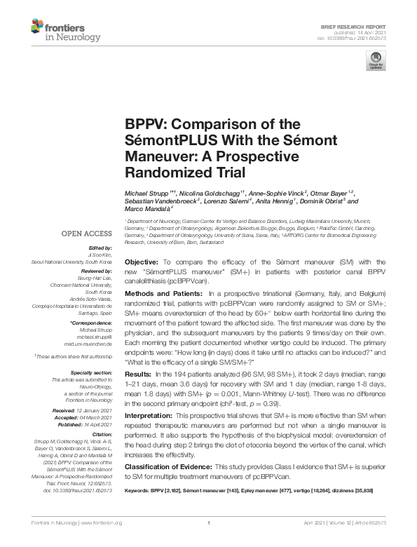 (PDF) BPPV: Comparison of the SémontPLUS With the Sémont Maneuver: A ...