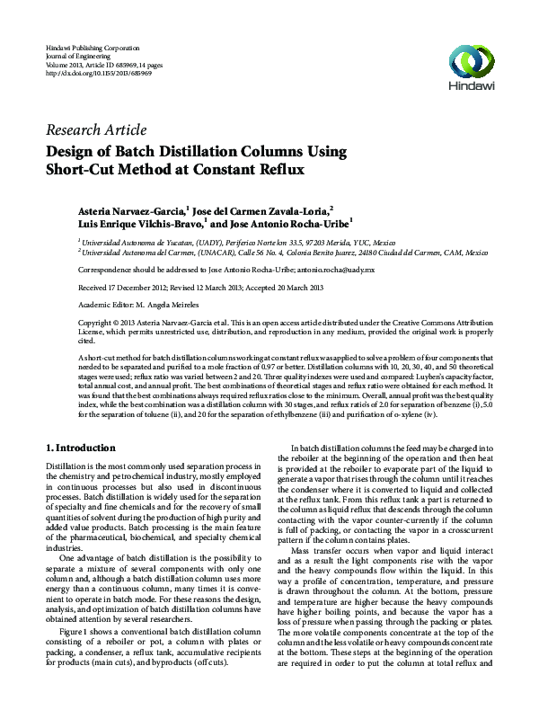 (PDF) Design of Batch Distillation Columns Using Short-Cut Method at Constant Reflux