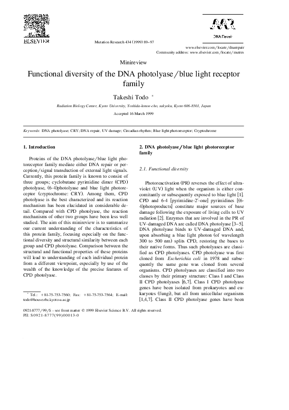 (PDF) Functional diversity of the DNA photolyase/blue light receptor family