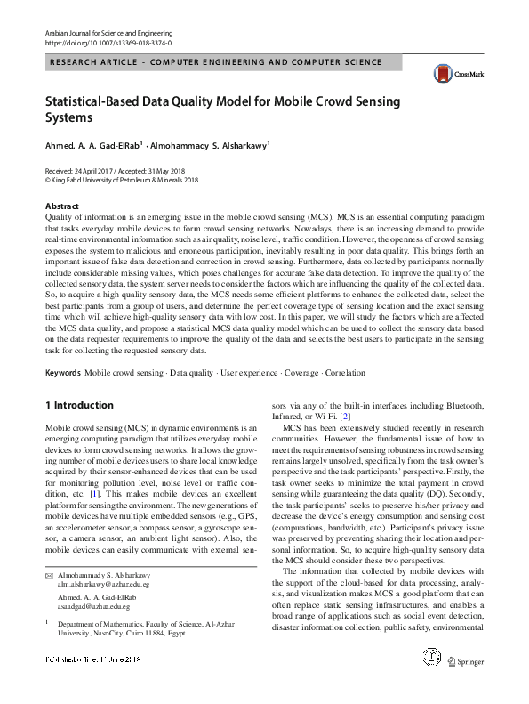 (PDF) Statistical-Based Data Quality Model for Mobile Crowd Sensing Systems | Asaad Ahmed and ...