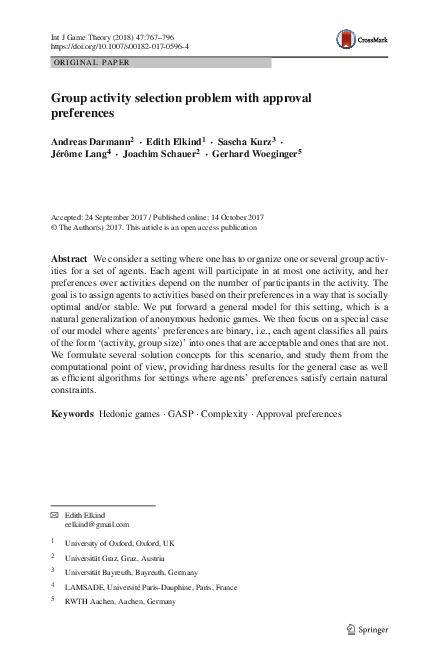 (PDF) Group activity selection problem with approval preferences