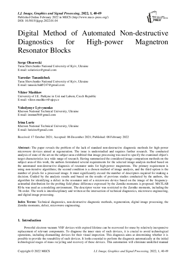 (PDF) Digital Method of Automated Non-destructive Diagnostics for High-power Magnetron Resonator ...