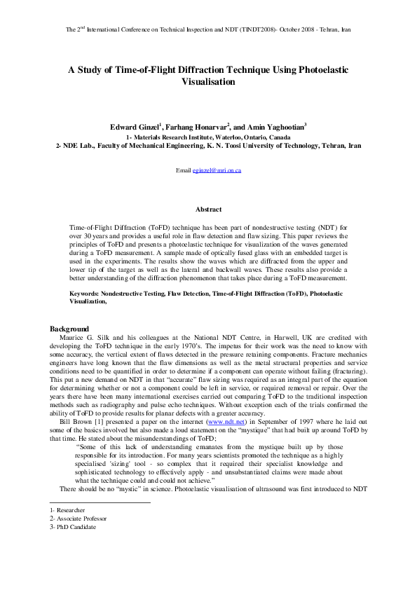 (PDF) A Study of Time-of-Flight Diffraction Technique Using ...